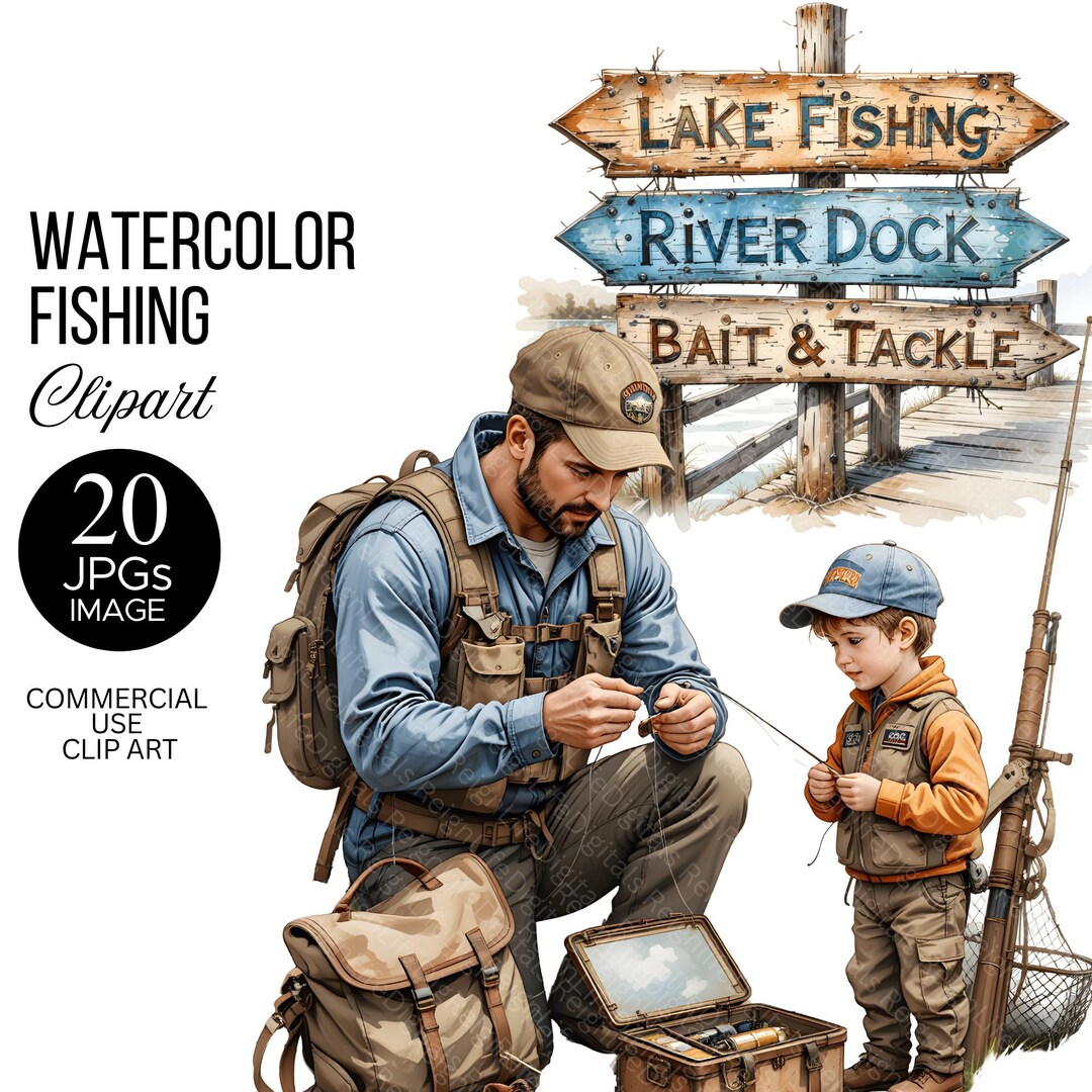 Watercolor Fishing Clip Art | Fishing Tackle, Lures, Rods, Boots, Vest ...