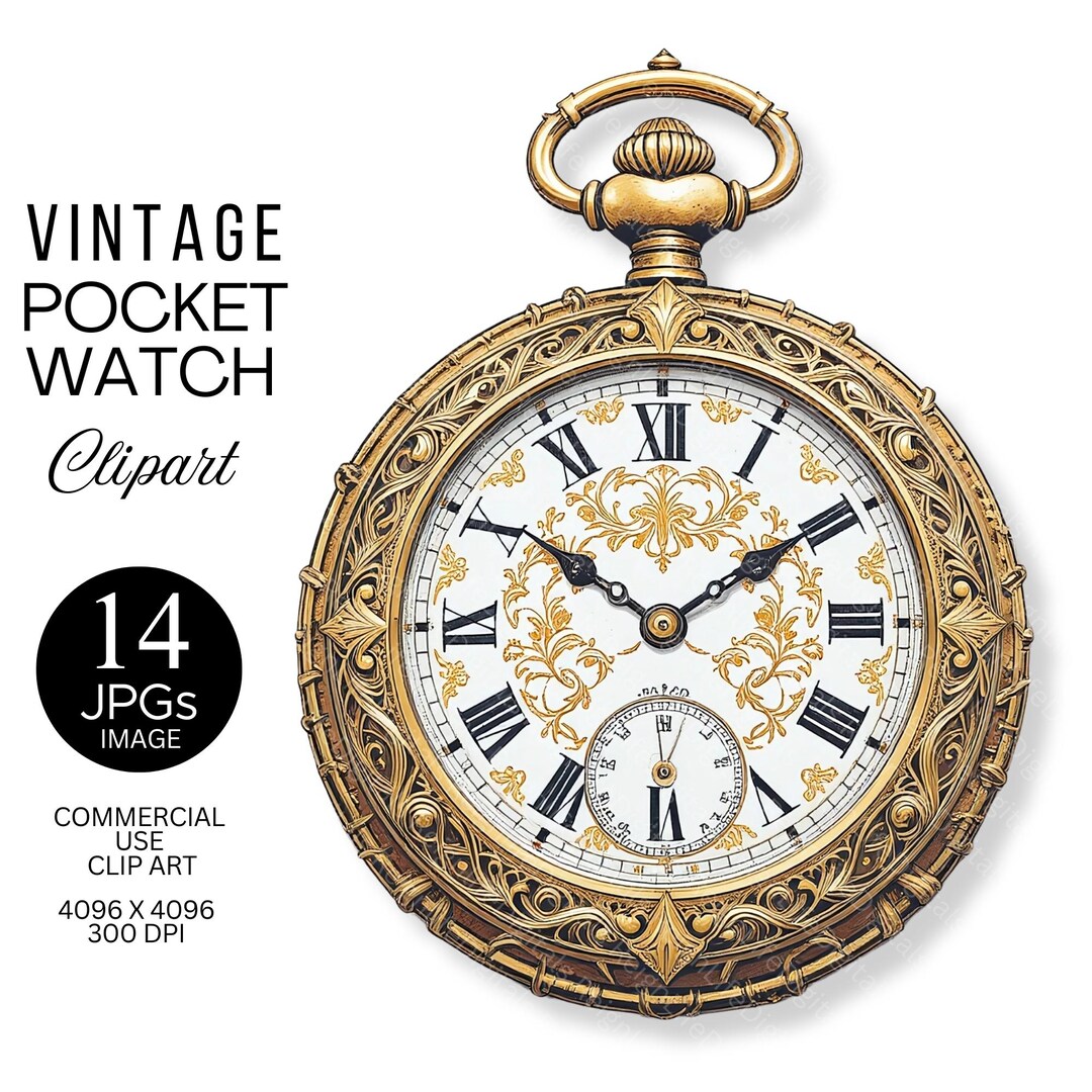 Vintage Pocket Watch | Watercolor Clock Clipart | Antique Gold Pocket ...