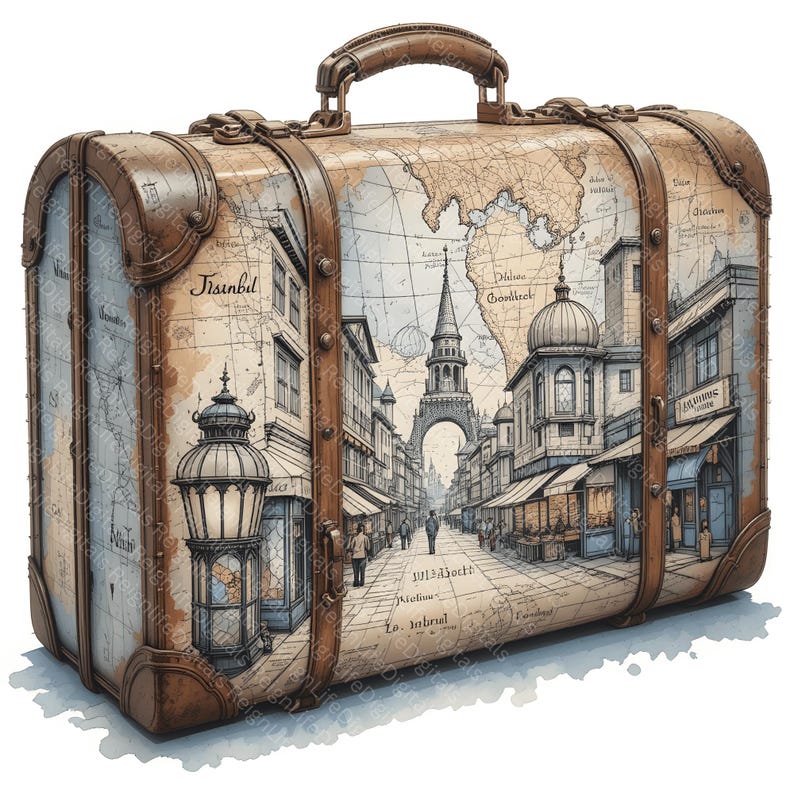 Vintage Travel Bag Watercolor Clipart Bundle | Antique Luggage ...