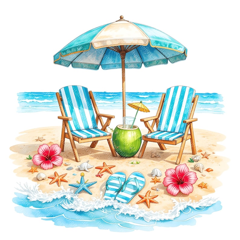 Beach Holiday Clipart | Watercolor Summer Vacation Clip Art | Coastal ...