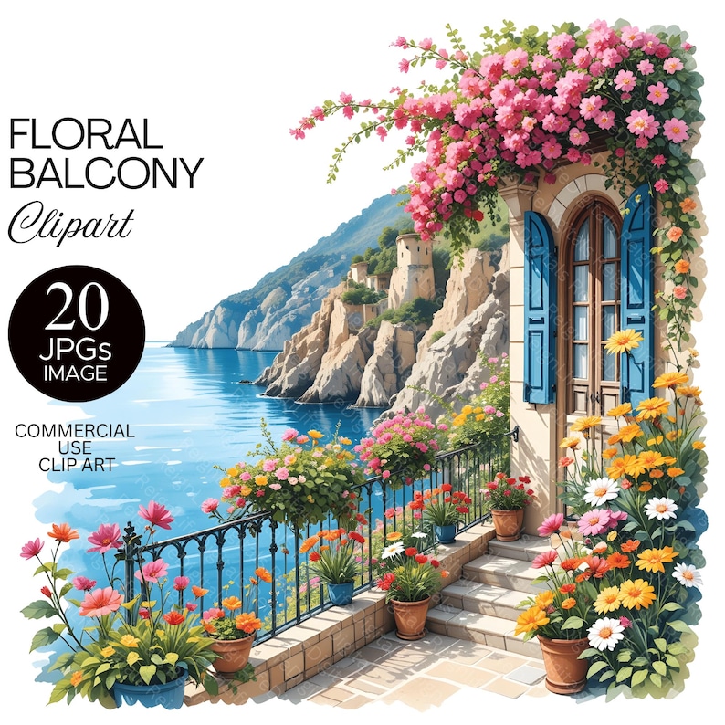 Floral Balcony Clipart | Balcony Flower and Seascape View | Nature ...