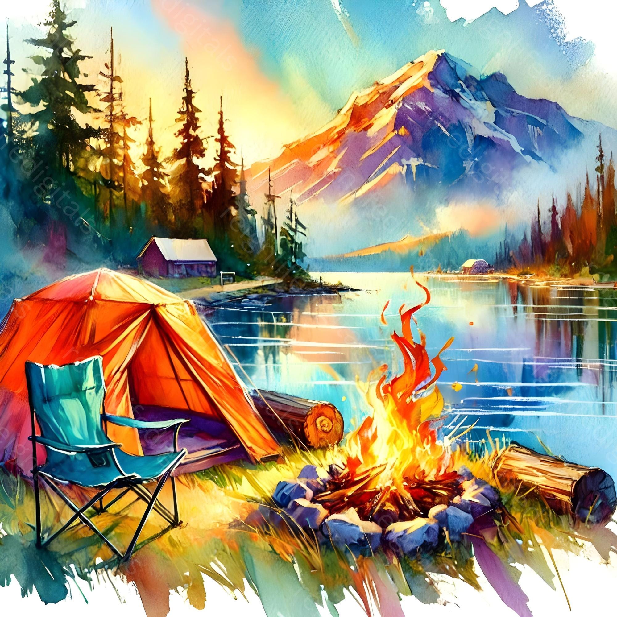 20 Watercolor Camping Clipart | Tents, Lakes, and Mountain Scenes for ...