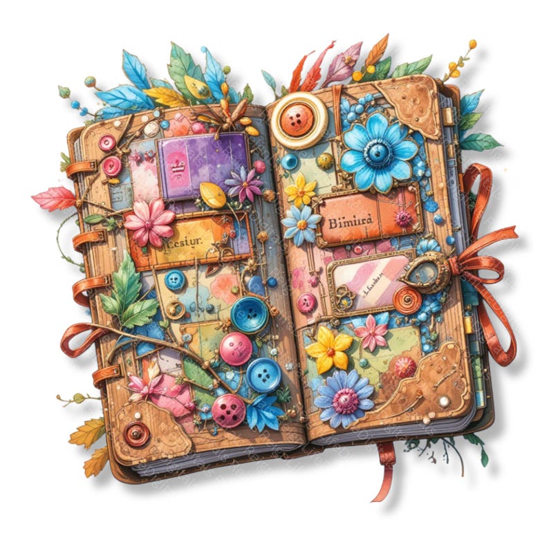 Junk Journal Clipart | Watercolor Button Floral Book Illustration ...