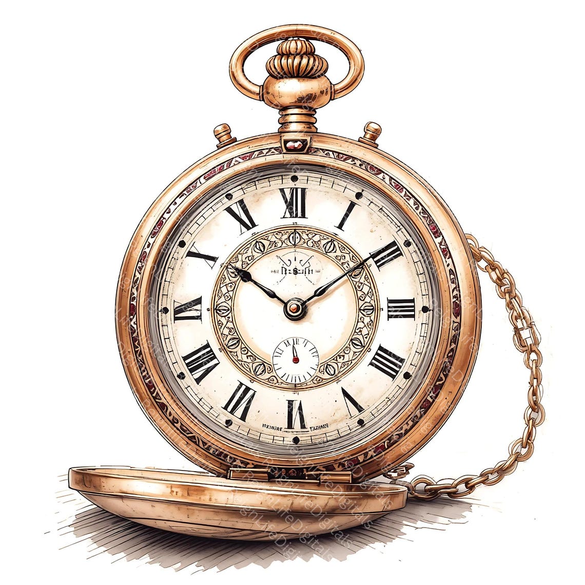 Vintage Pocket Watch | Watercolor Clock Clipart | Antique Gold Pocket ...