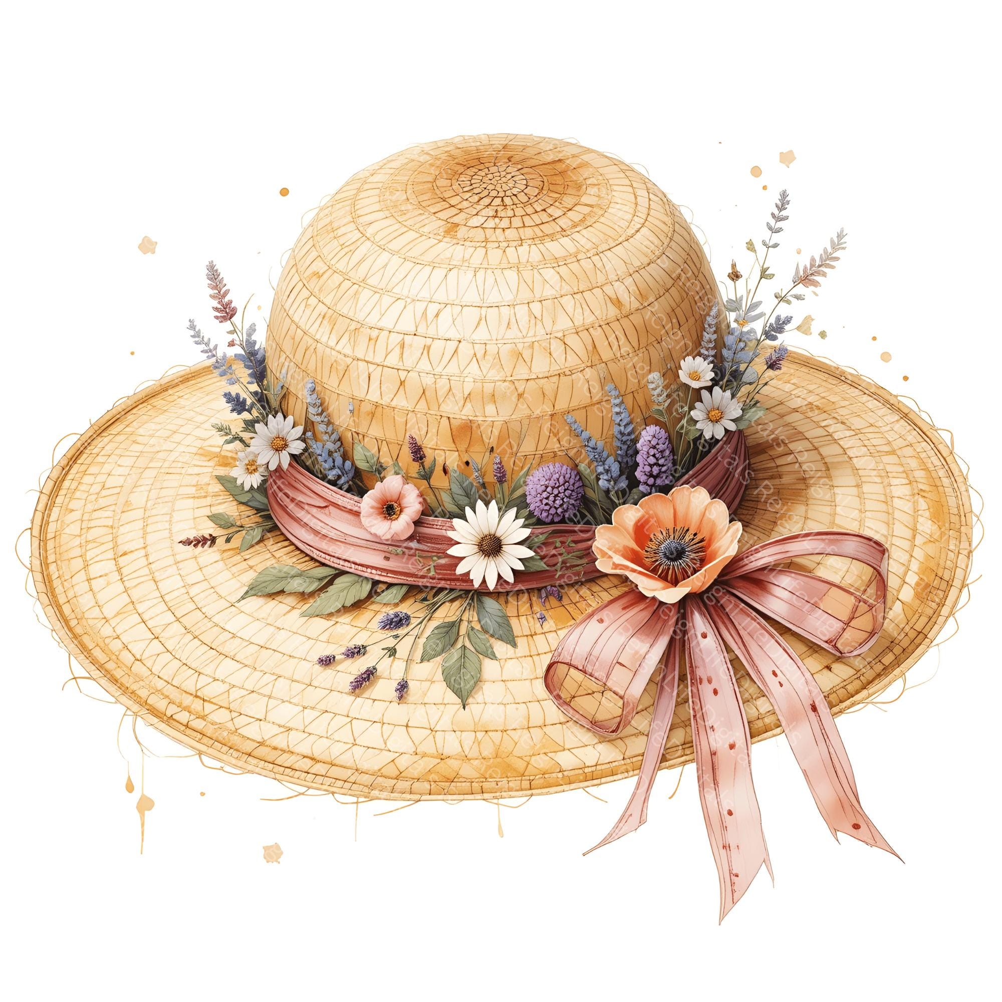 Watercolor Summer Hat Clipart | Womens Boho Sun Hat | Vintage Straw Hat ...