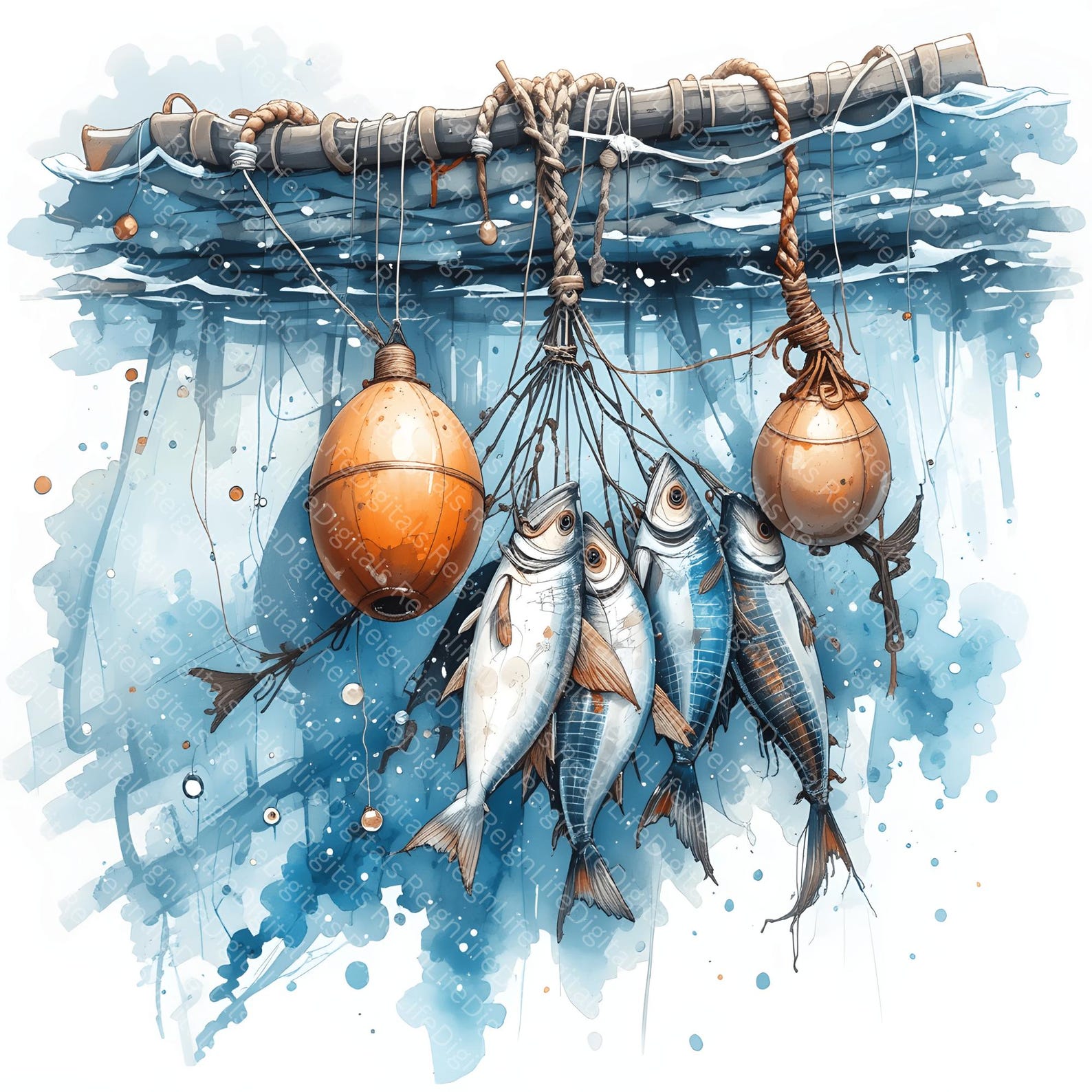 Watercolor Fishing Clip Art | Fishing Tackle, Lures, Rods, Boots, Vest ...