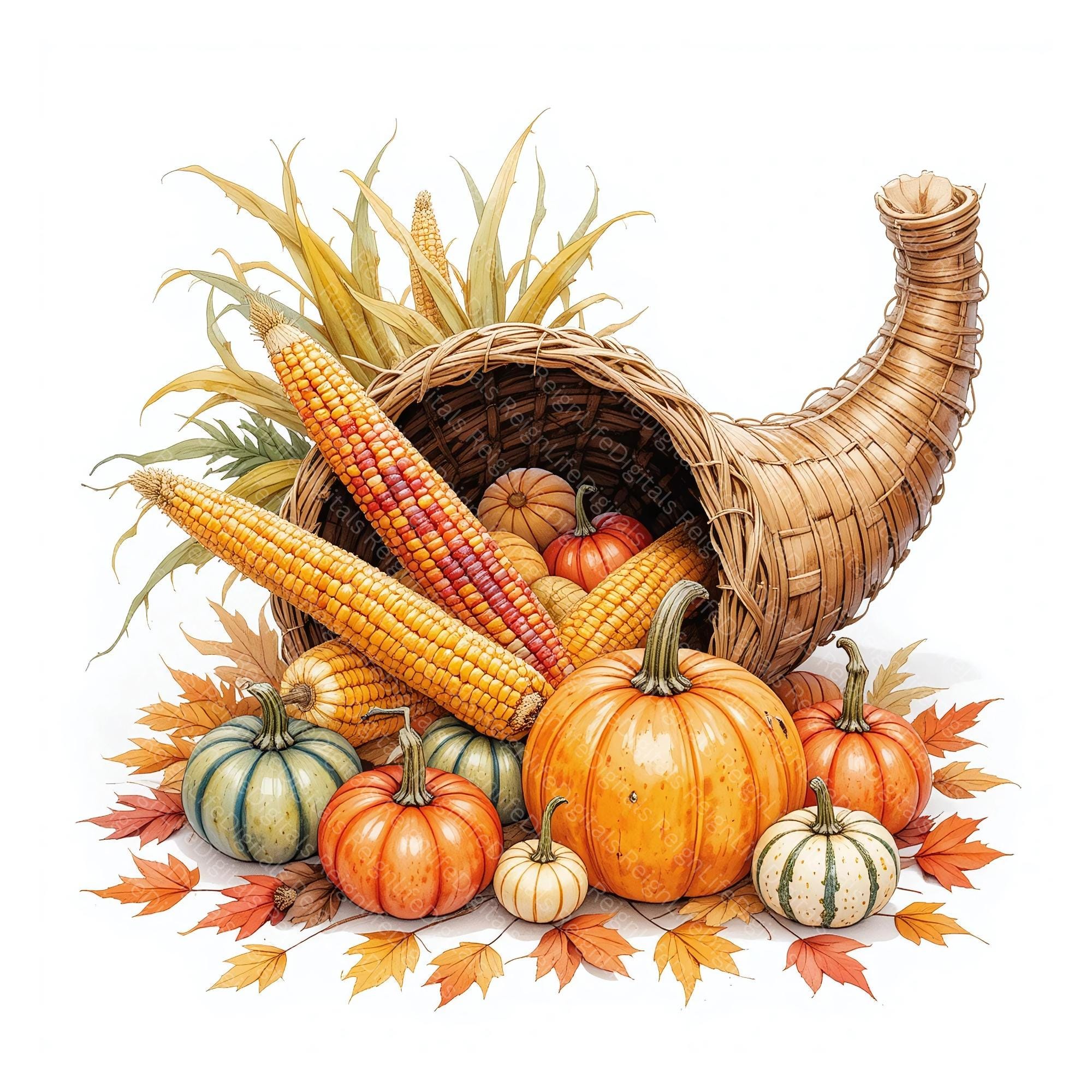 Watercolor Cornucopia Clipart | Fall Harvest Pumpkins, Sunflower, Corn ...