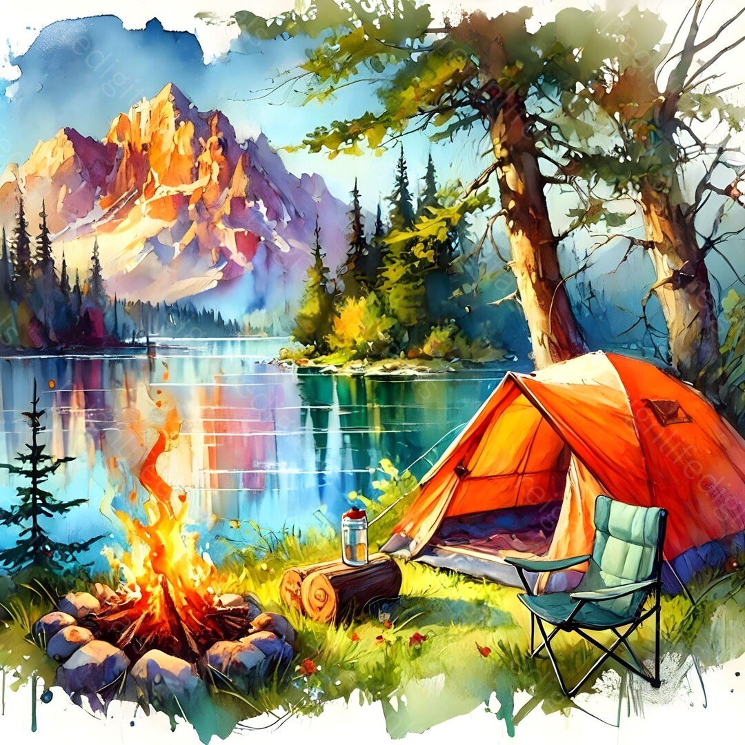 20 Watercolor Camping Clipart | Tents, Lakes, and Mountain Scenes for ...