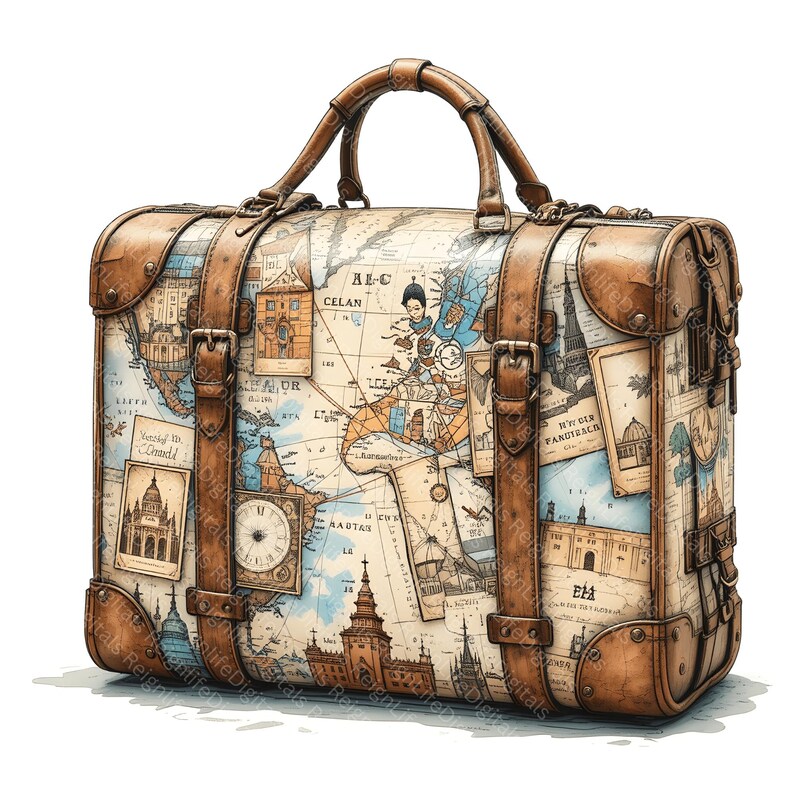 Vintage Travel Bag Watercolor Clipart Bundle | Antique Luggage ...