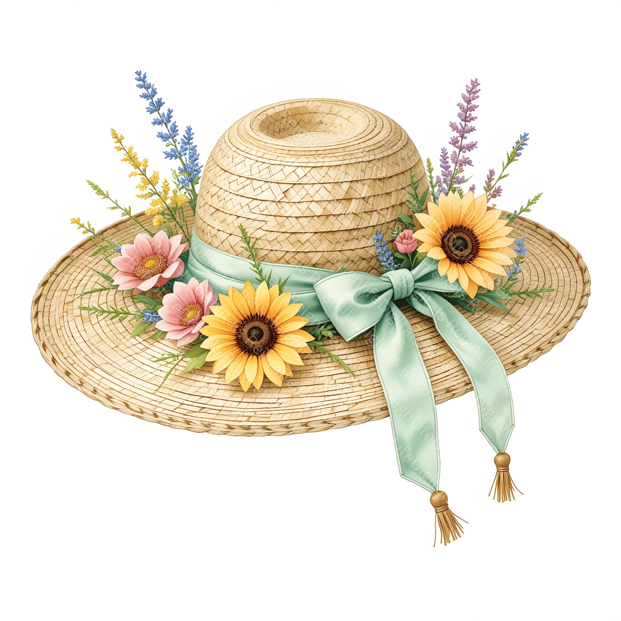 Watercolor Summer Hat Clipart | Womens Boho Sun Hat | Vintage Straw Hat ...
