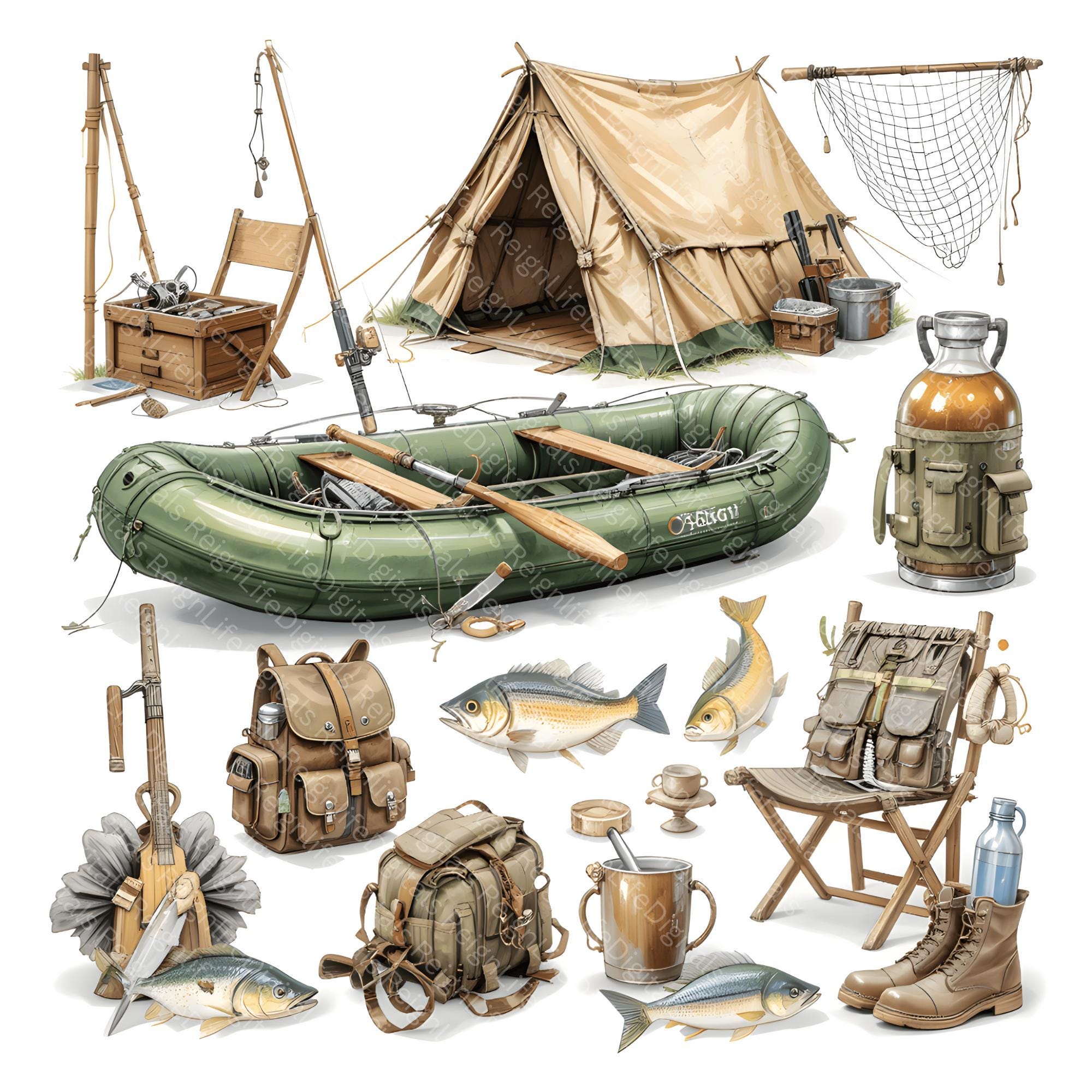 Watercolor Fishing Clip Art | Fishing Tackle, Lures, Rods, Boots, Vest ...