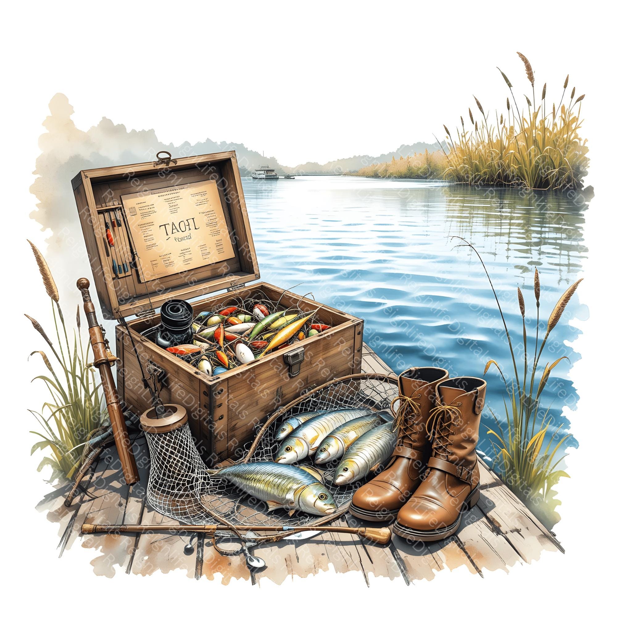 Watercolor Fishing Clip Art | Fishing Tackle, Lures, Rods, Boots, Vest ...