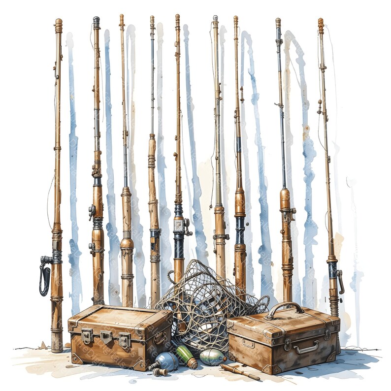 Watercolor Fishing Clip Art | Fishing Tackle, Lures, Rods, Boots, Vest ...