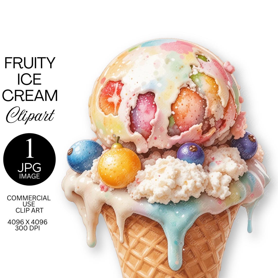 Ice Cream Scoop | Gelato Watercolor Clipart | 1 JPG Fruity Ice Cream ...