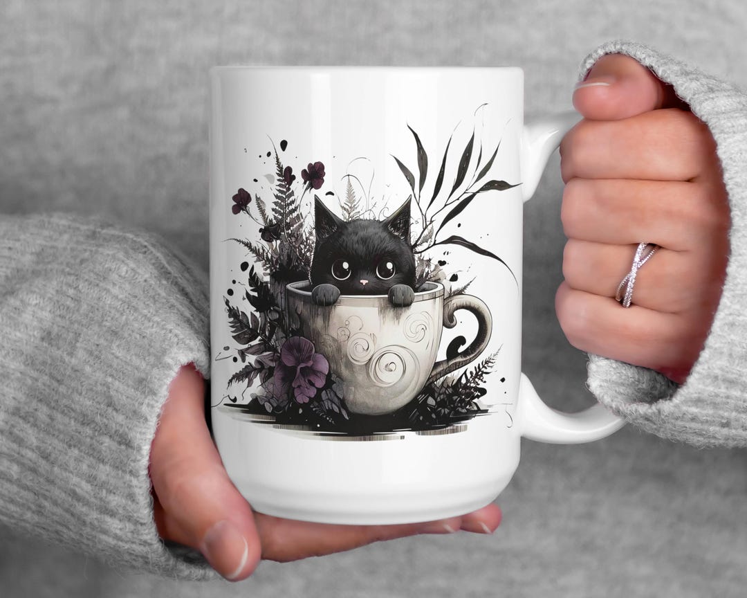 Gothic Tea Cup Kitty Mug, Dark Academia Coffee Cup, Goth Gift, Black ...