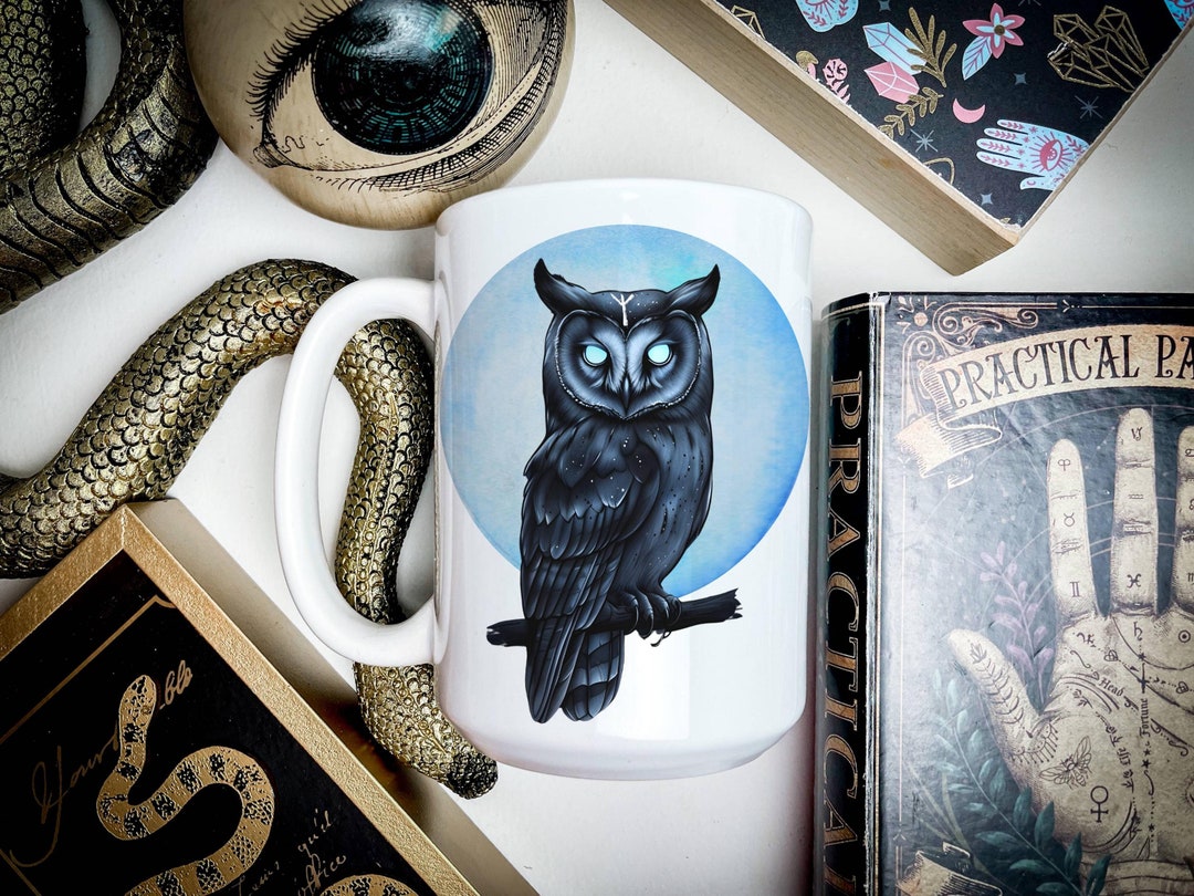 Celestial Dark Owl With Norse Protection Rune Mug, Unique Owl Coffee ...