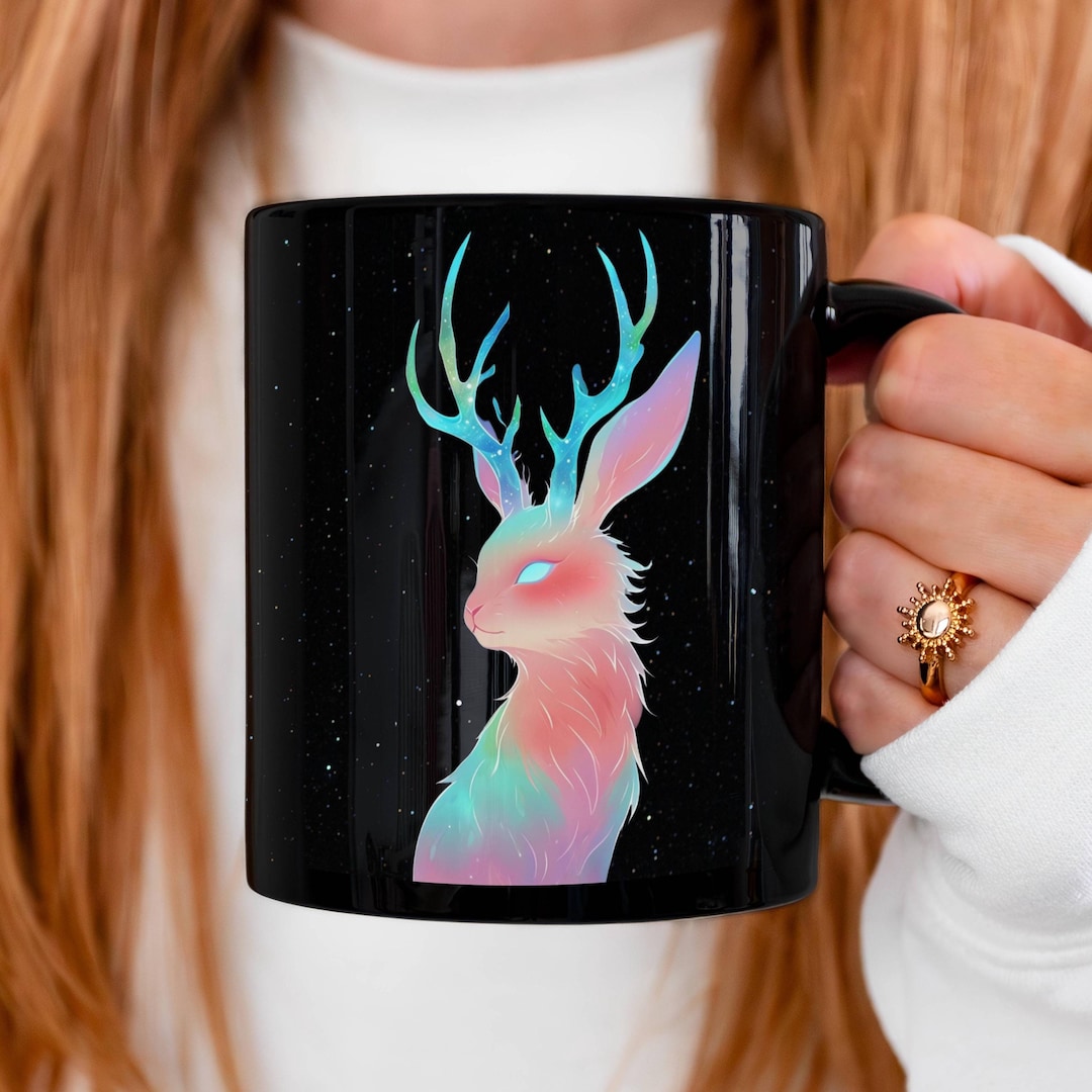 Black Celestial Jackalope Mug, Cryptid Art Coffee Cup, Cosmic Boho ...