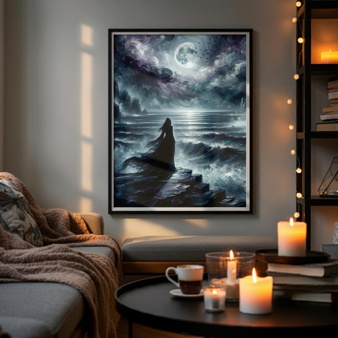Cliffside Tempest Wall Art | Whimsical Dark Fantasy Decor, Moon Stormy ...