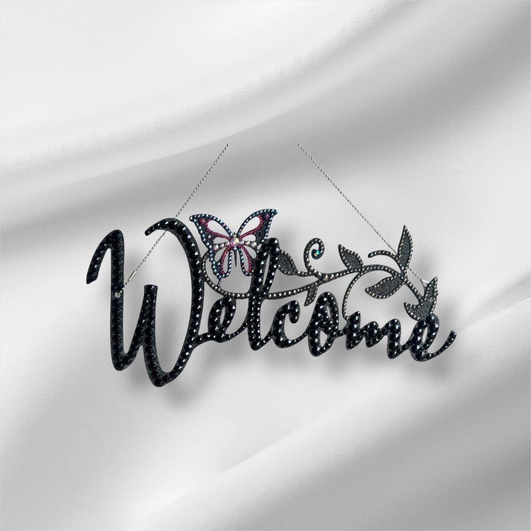 Welcome Door Sign With Butterfly With Rhinestones for Home Decor Design ...