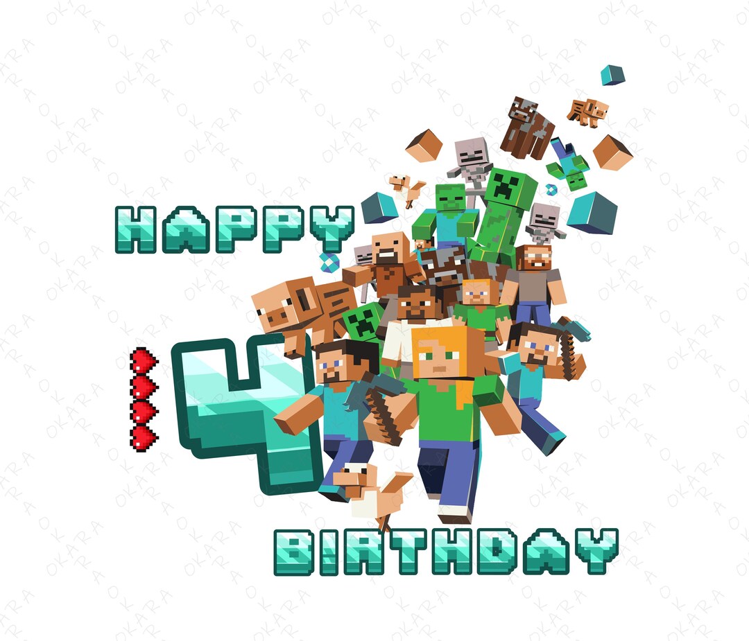 Minecraft 4th Happy Birthday With 4 Hearts Design for Birthday Cake ...