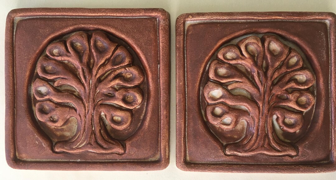 Two Oak Tree Tiles 4 Square Ceramic Art Tiles Rusty Orange Glaze ...