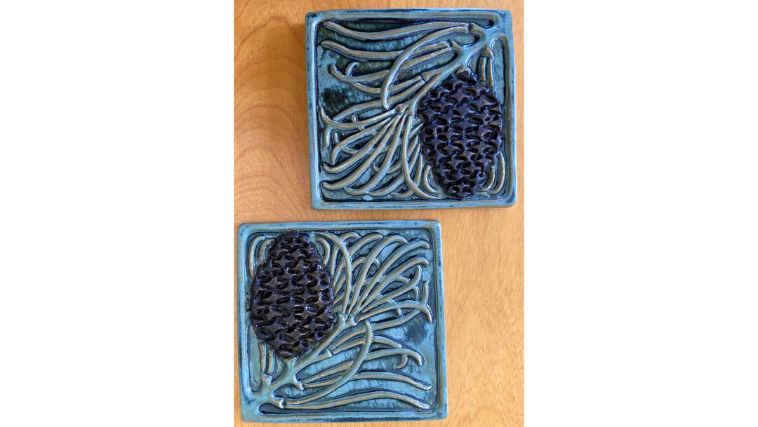 Pair 5" Pinecone Tiles - Blue and Black Stoneware Tiles - Handmade ...
