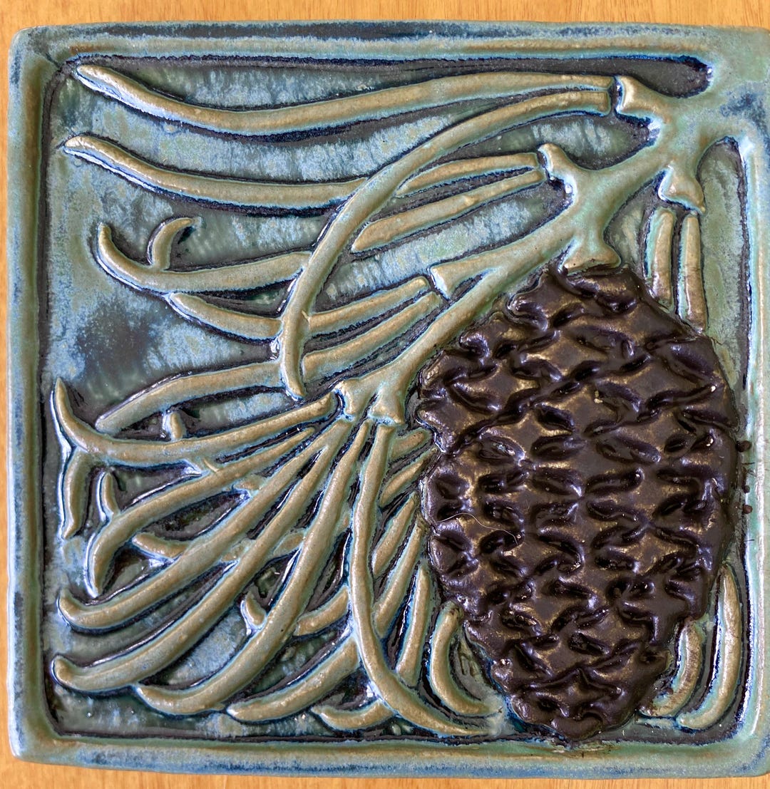 Pair of 5" Pinecone Tiles - Blue and Black Stoneware Tiles - Handmade ...