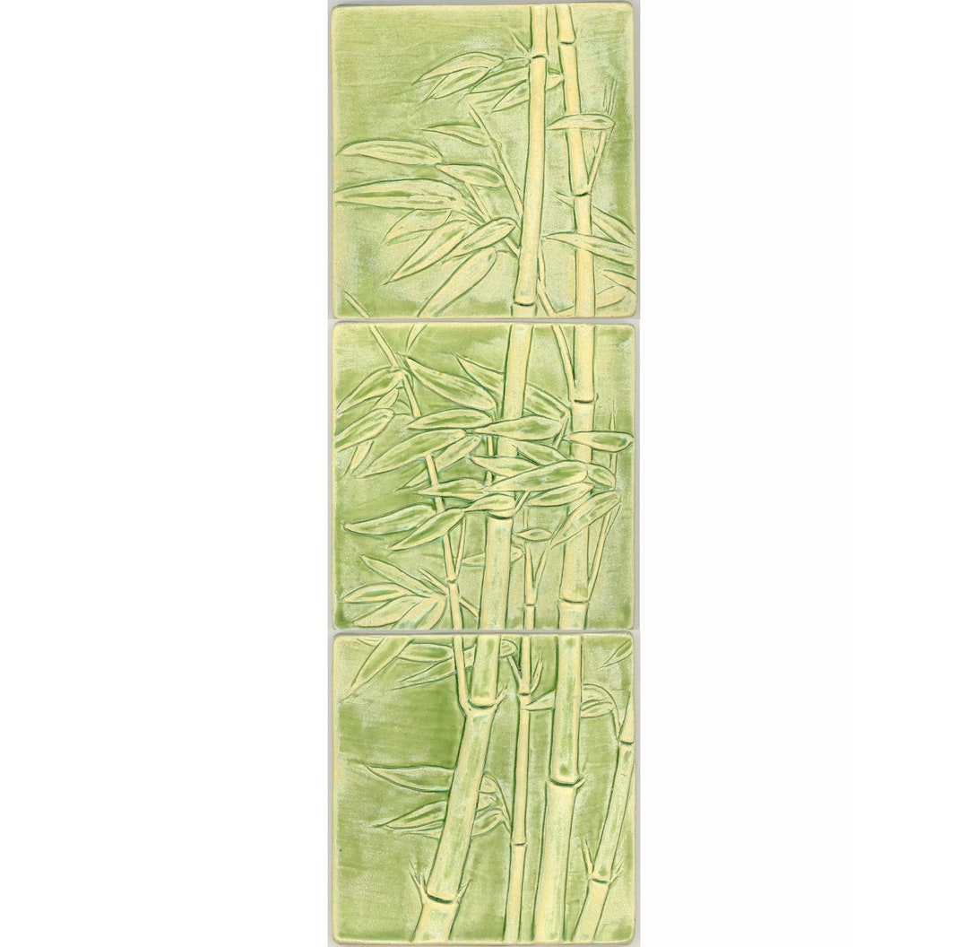 Three Tile Set With Bamboo Canes, Decorative Art Tiles in Pale Green ...