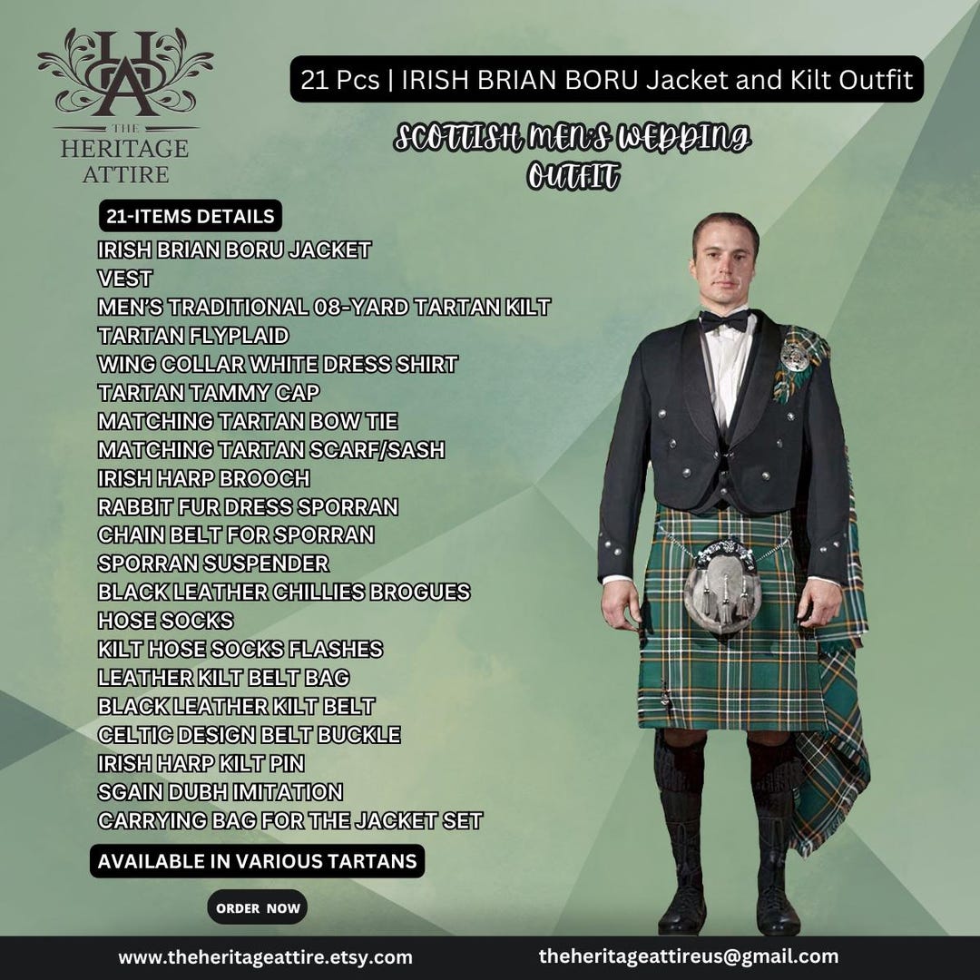 21 Pcs | Irish Brian Boru Jacket, Vest and KILT OUTFIT Ultimate Set | Men's Wedding Outfit by ...