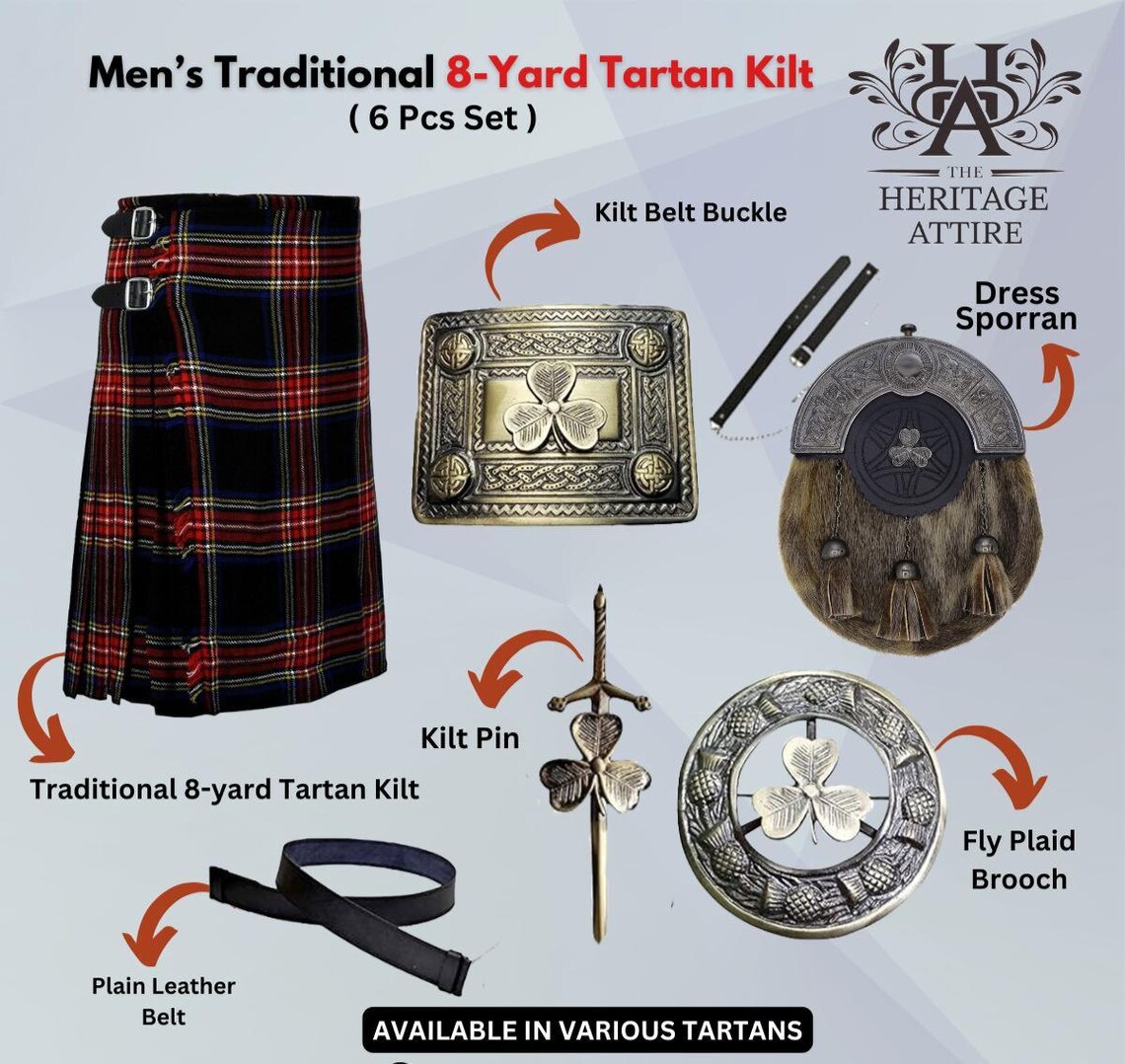 6 Pcs Kilt Set | Traditional Highland 08 Yard Kilt in Various Tartans ...