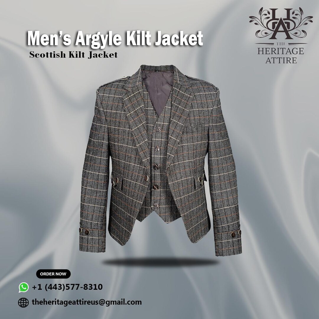 Scottish Handmade Tweed Argyle/braemar Kilt Jacket With 5 Button Vest ...