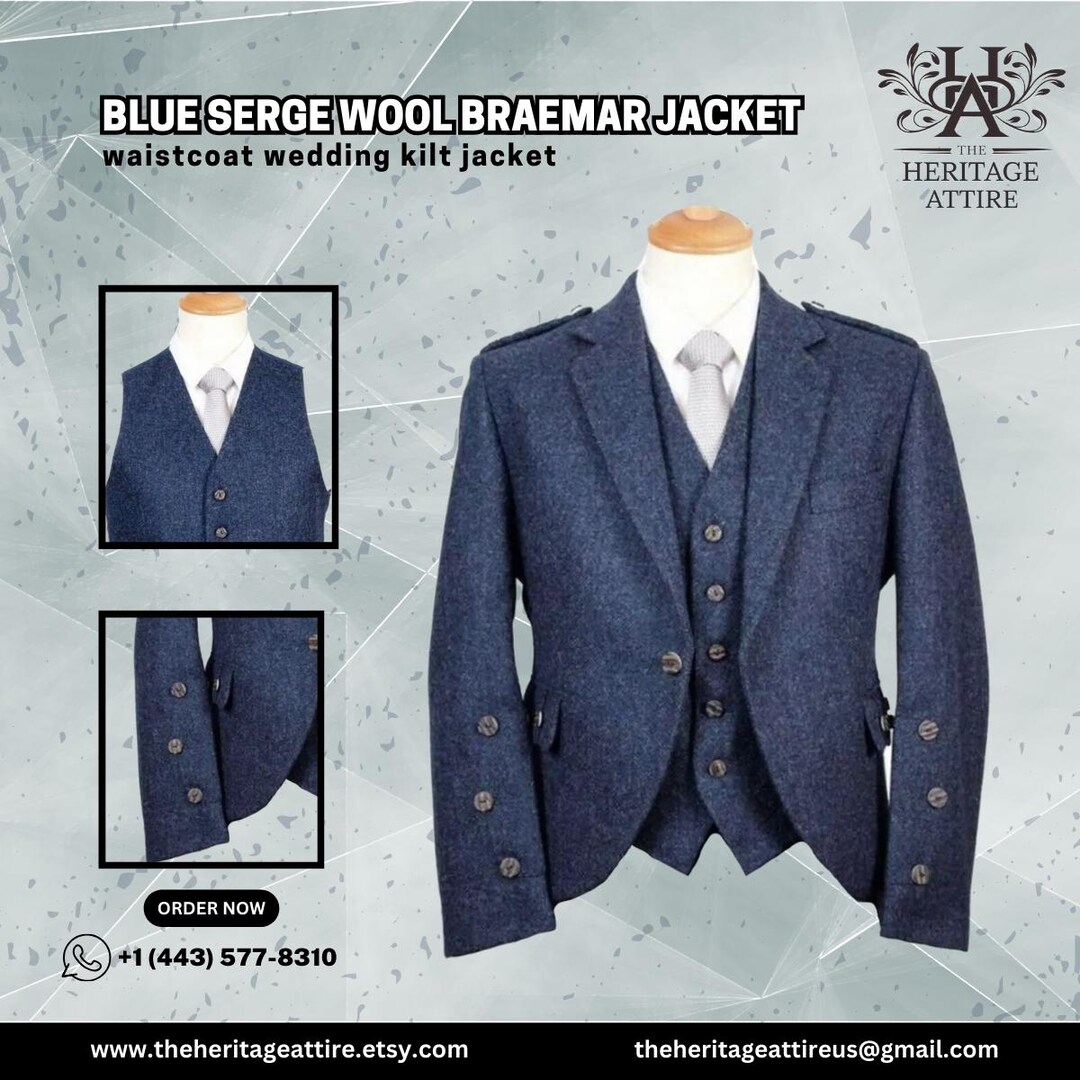 Scottish Handmade Navy Blue Tweed Braemar Kilt Jacket With 5 Button ...