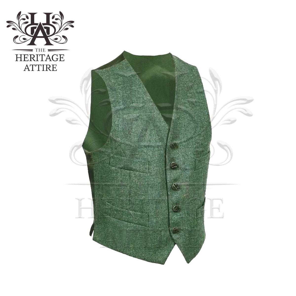 Scottish Handmade Green Tweed Braemar Kilt Jacket With 5 Button Vest ...