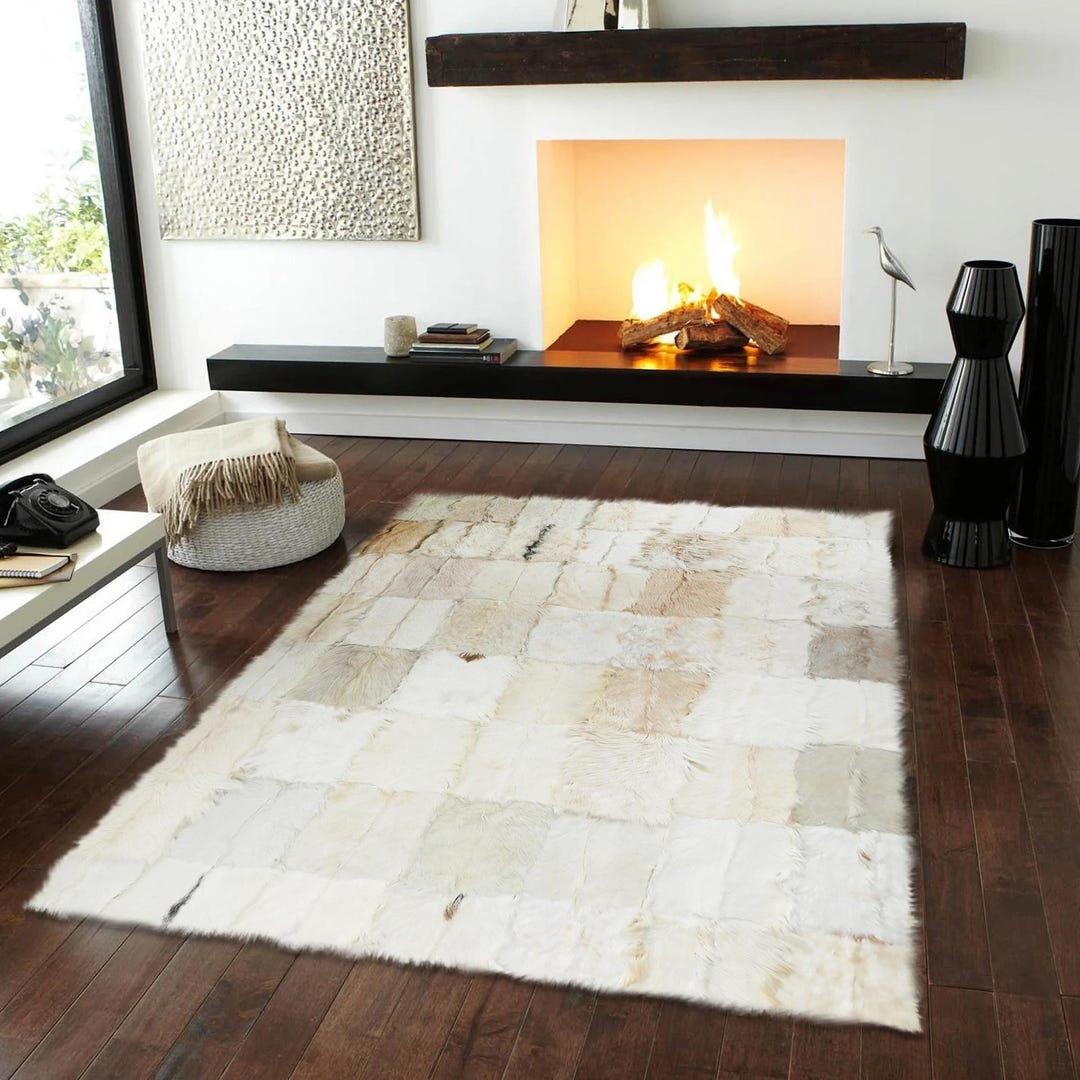 Natural Goatskin Area Rug, Genuine Goat Fur Carpet, Beige Shaggy Carpet ...