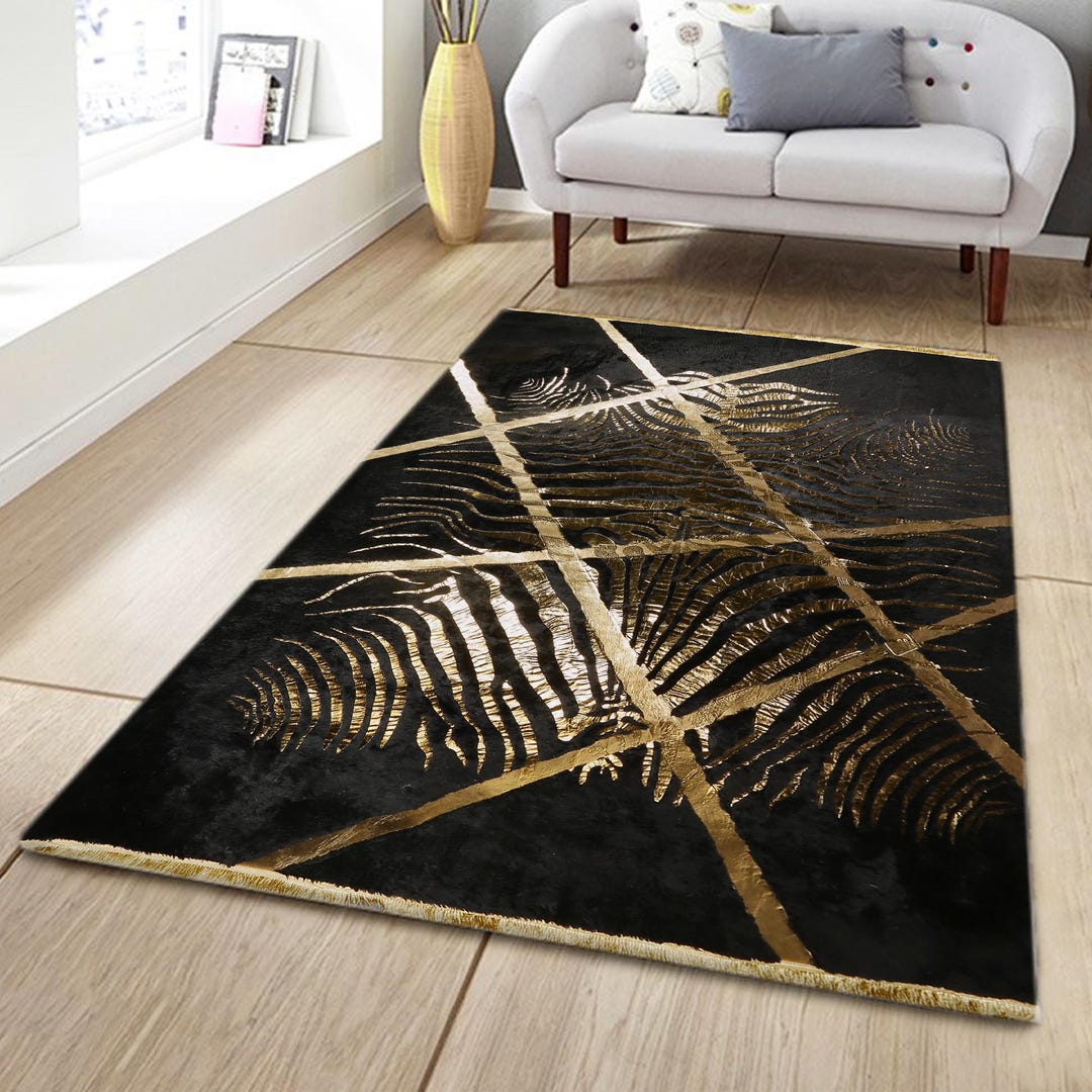 Black Plush Rug With Gold Stripes, Zebra Pattern Shaggy Carpet With ...