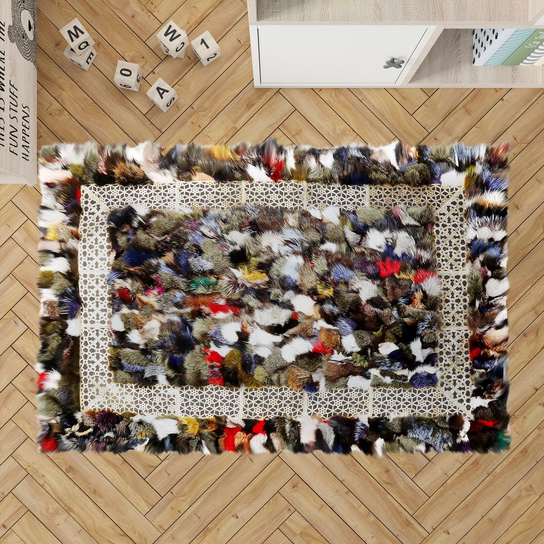 Genuine Fox Fur Rug With Lace Border, Colorful Fox Fur Shaggy Carpet ...