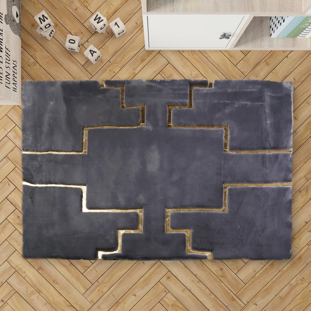 Gold Striped Black Plush Carpet, Black & Gold Fur Rug, Geometric Design ...