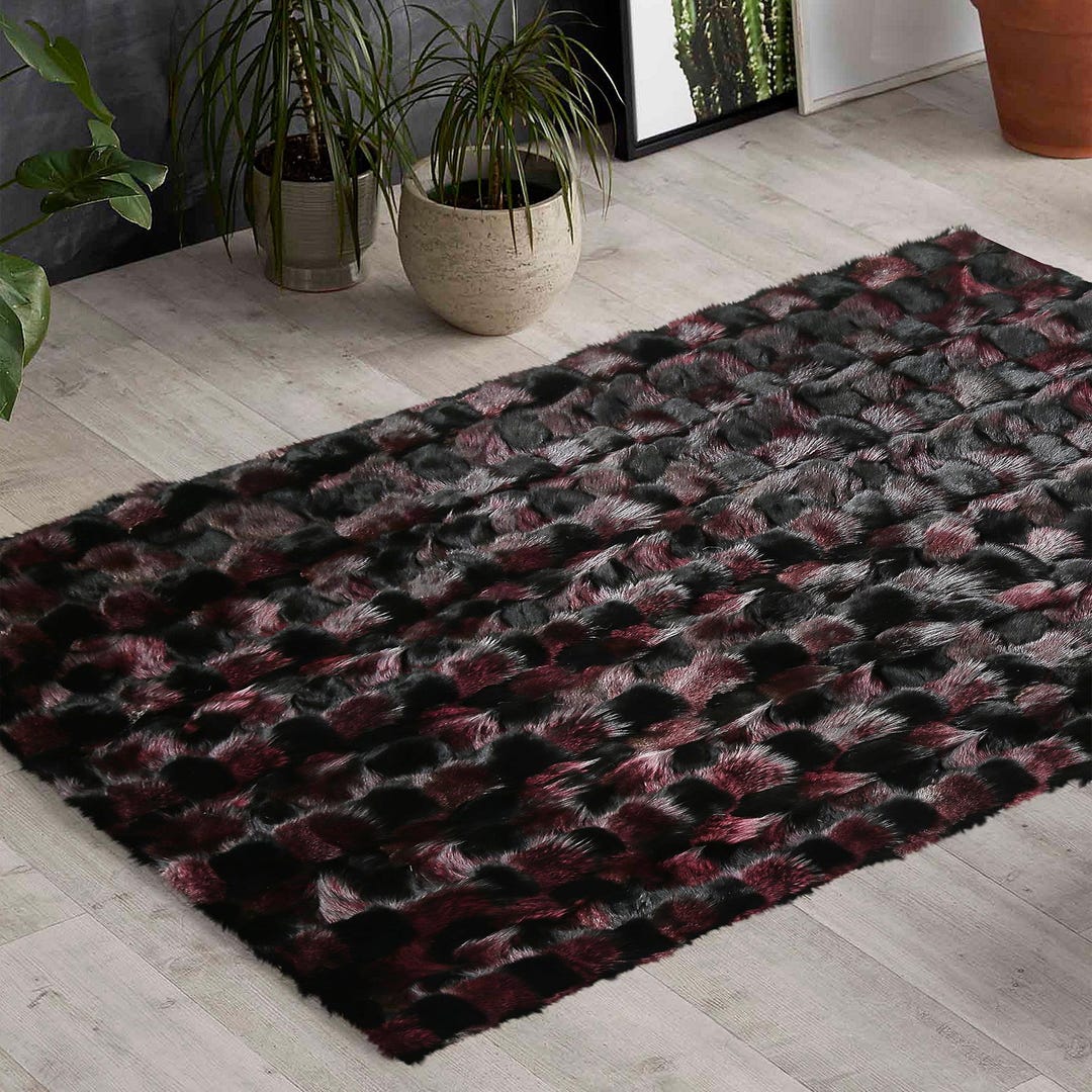 Red & Black Fox Fur Rug, Genuine Fox Fur Rug, Dark Red Shaggy Rug, Wine ...