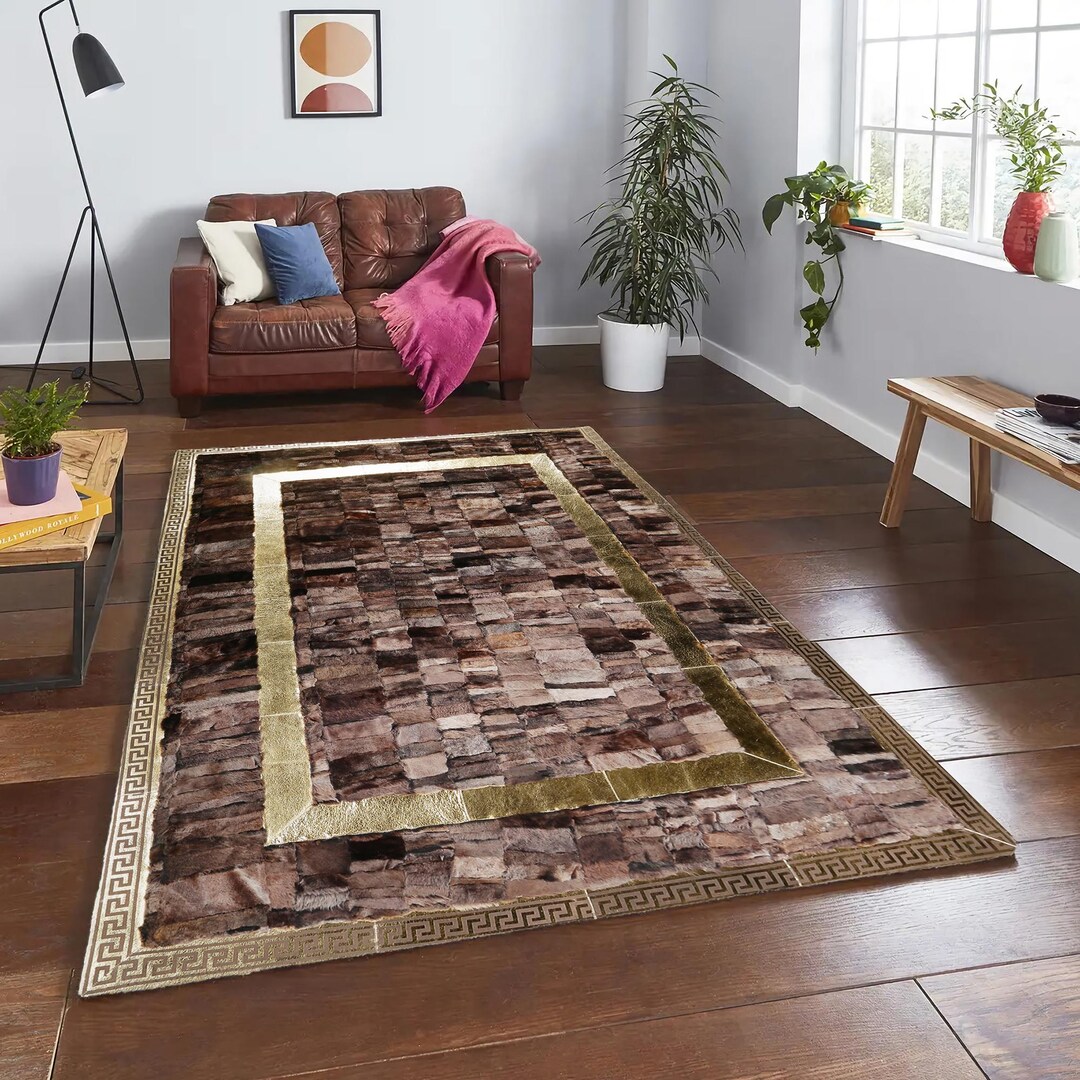 Light Brown Tuscan Rug With Gold Frame, Genuine Sheepskin Fur Patchwork ...