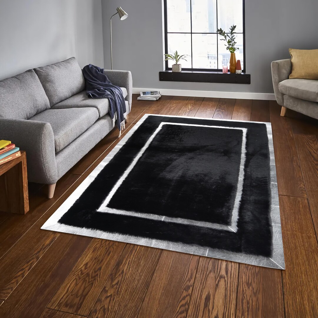 Black Plush Carpet With Silver Border, Silver Edged Rug, Faux Fur ...