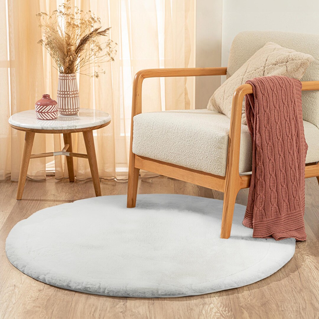 White Plush Round Rug, Snow White Fur Circle Rug, Luxury Faux Fur ...