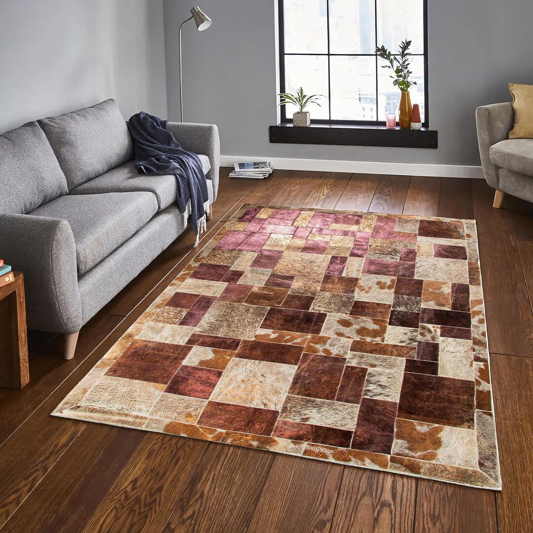 Bronze & Pink Leaf Cowhide Patchwork Rug, Brown and Rose Gold Calfskin ...