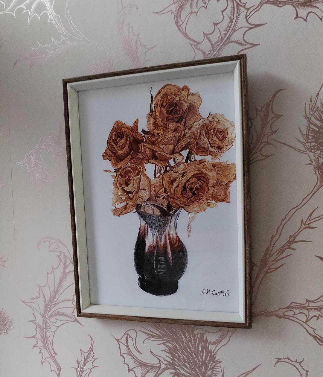 Detailed Coloured Pencil Drawing of Dried Roses in A Unique Vase ...