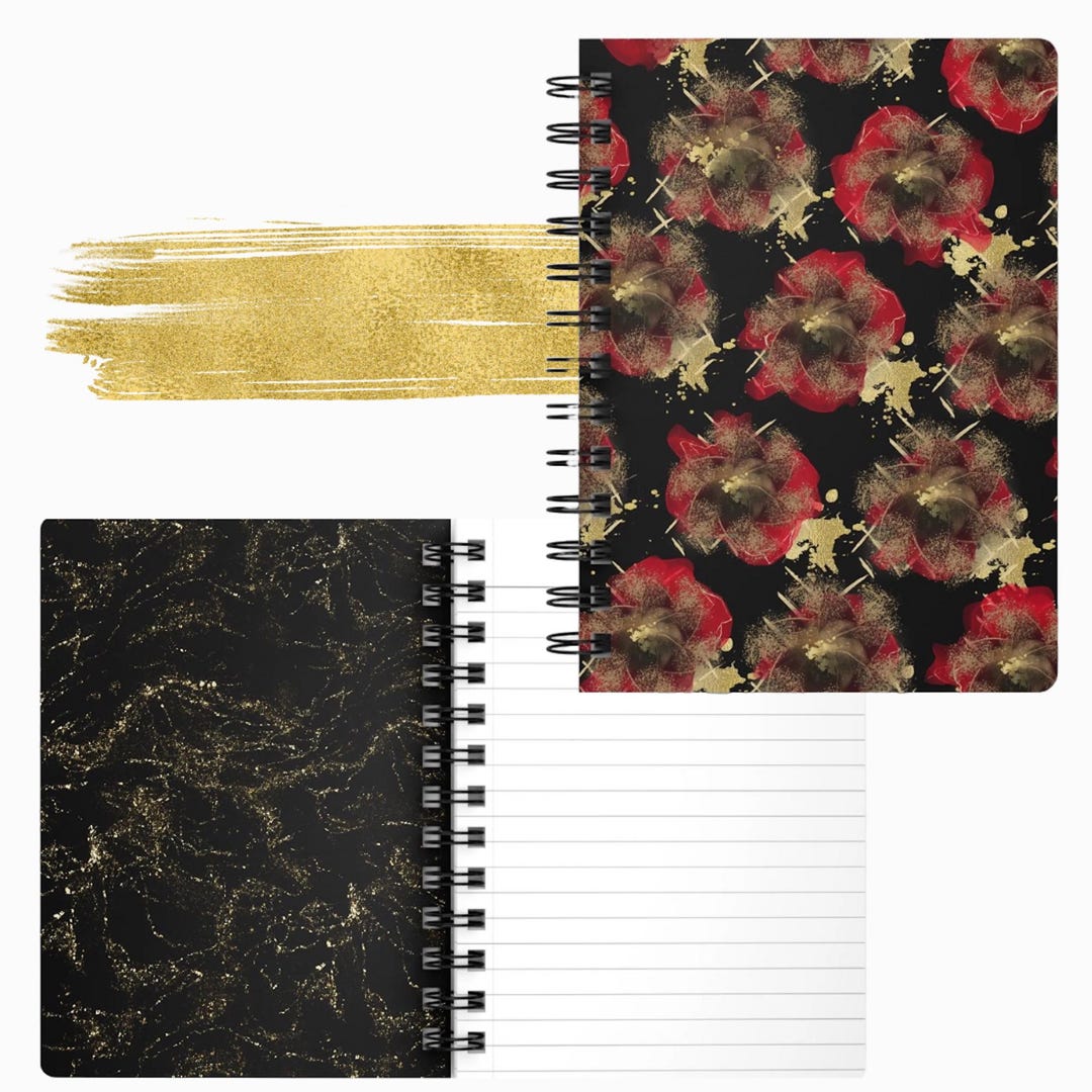 Red and Gold Floral Spiral Bound Journal, Black | Digital Abstract Art ...
