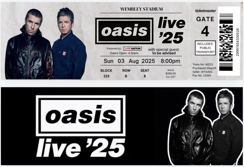 Oasis Live Tour 25 Personalised Customisable Souvenir Concert Ticket ...