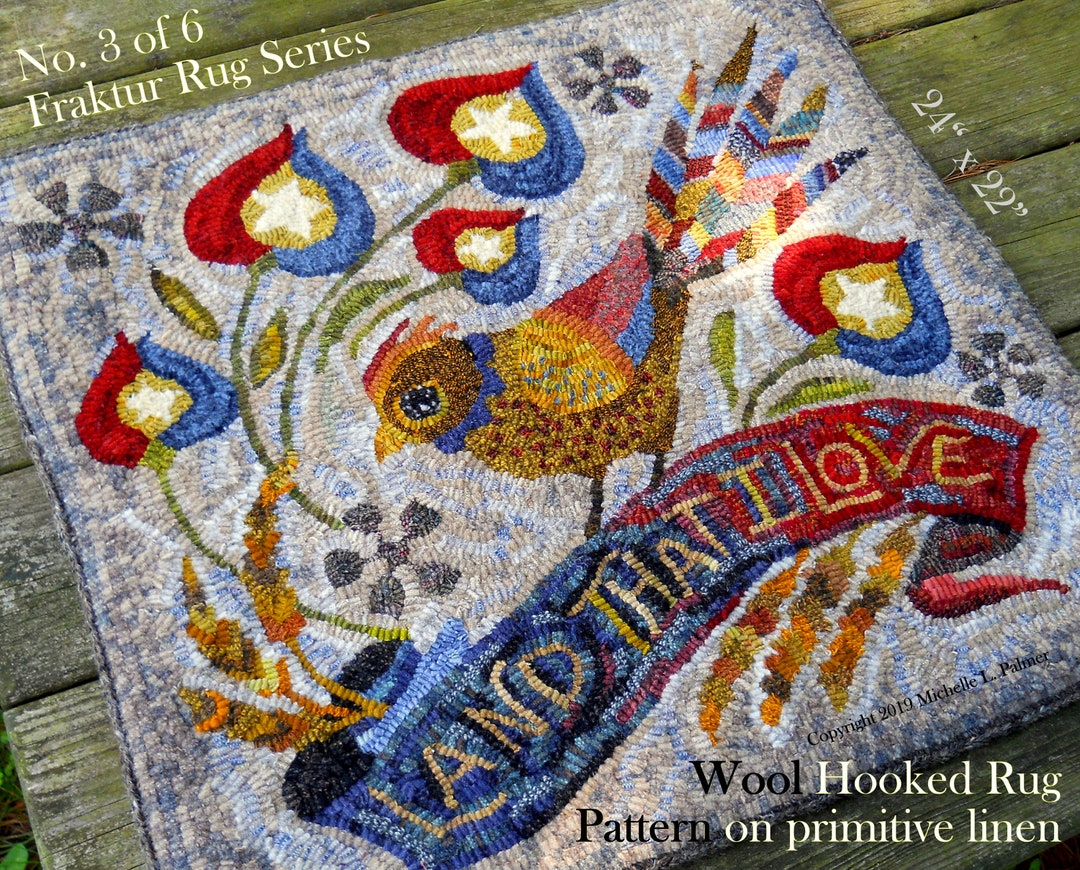 Folk Fraktur Bird Land That I Love RUG HOOK Hooking PATTERN Hand Drawn ...