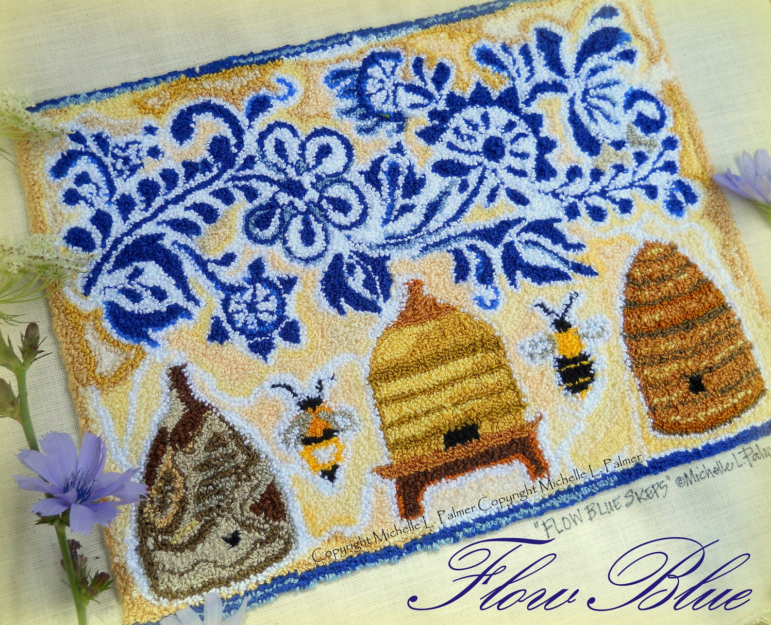 Flow Blue Design Flowers Bee Skeps Hives Honeybee Punch Needle ...
