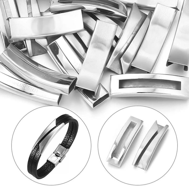 Curved Tube Slider Bead, 5pcs, Stainless Steel, Flat Leather Cord ...