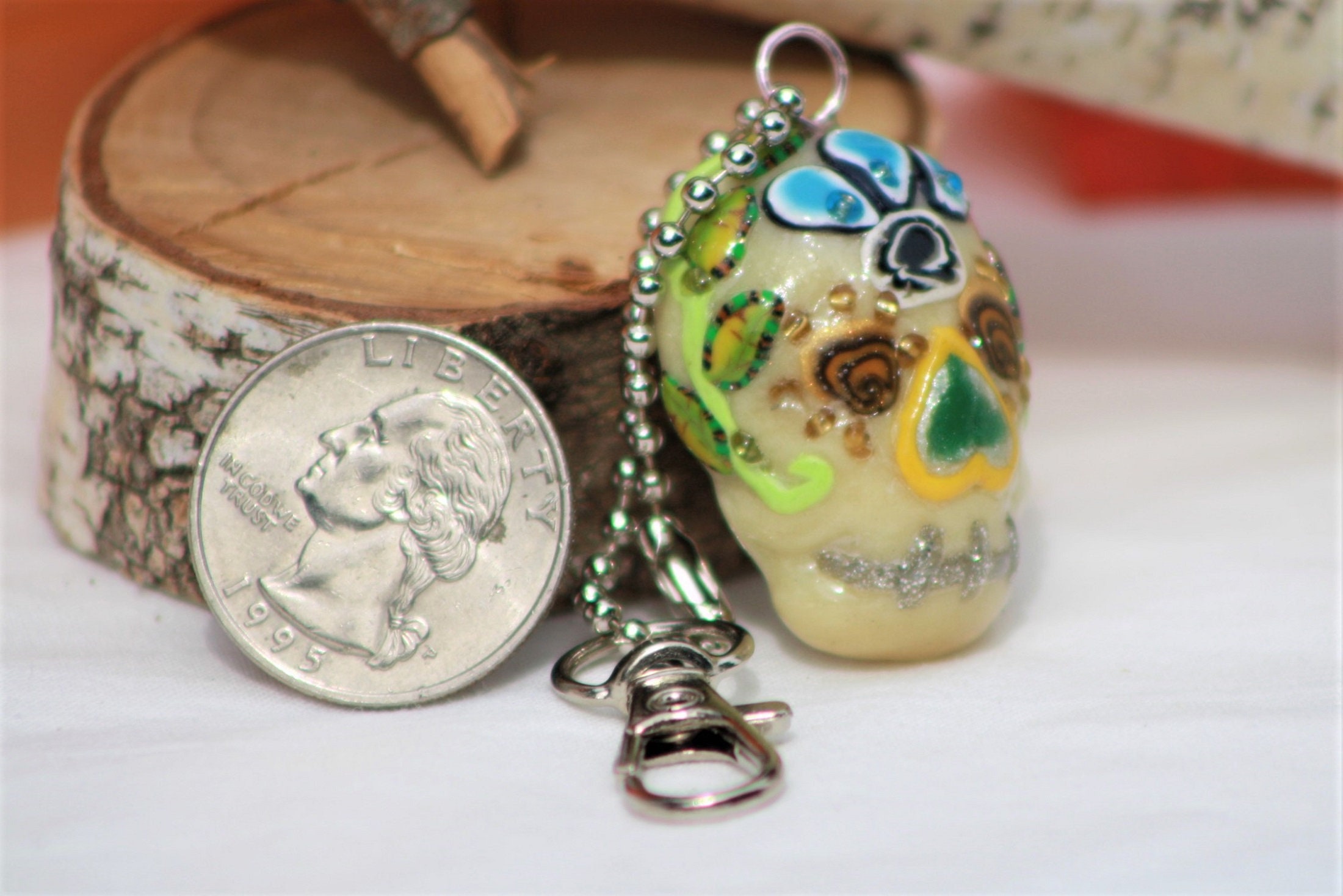Polymer Clay Skull Dangler Silver Vine Hair - Etsy UK