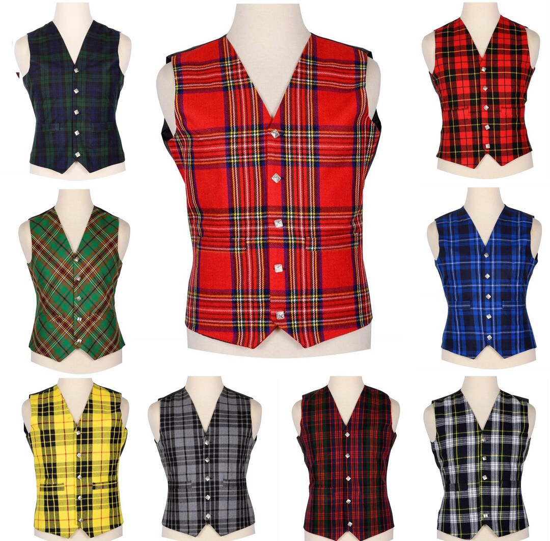 Scottish Highland Tartan Waistcoat 5 Buttons Kilt Vest Bias Cut Wedding ...